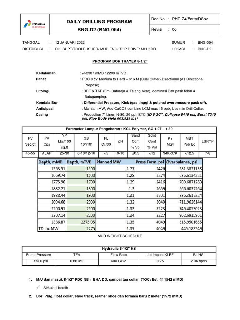 (PHR Z4-Form-DSpv-016) Daily Drilling Program - 8.5inch Section BNG-054 (BNG-D2) | PDF