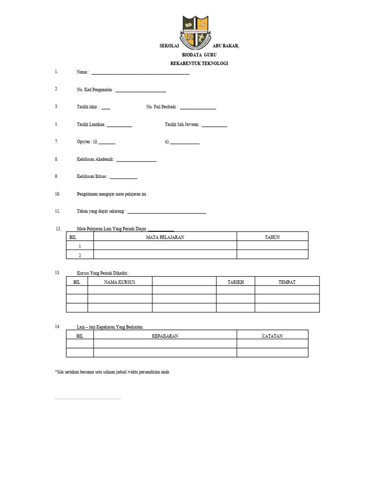 Borang Biodata Panitia RBT | PDF