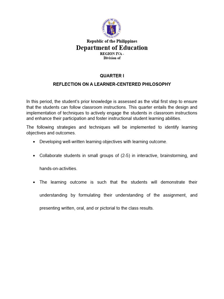 Reflection On A Learner Centered Philosophy Pdf Learning Goal