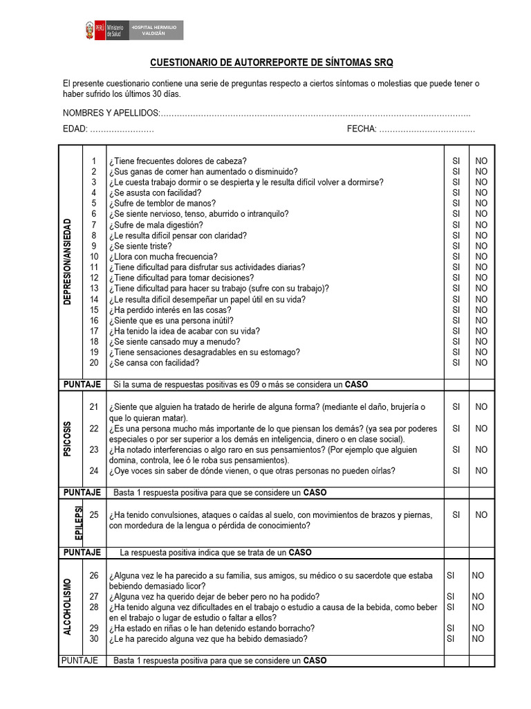 SRQ Cuestionario Autorreporte Sintomas | Descargar gratis PDF ...