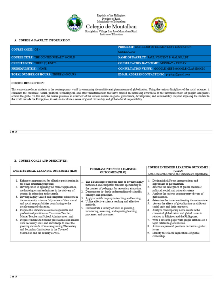 The Contemporary World Syllabus | PDF