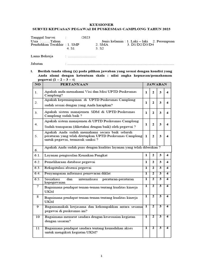 1.3.2.5 Kuesioner Survey Kepuasan Pegawai | PDF | Karier & Perkembangan | Bisnis