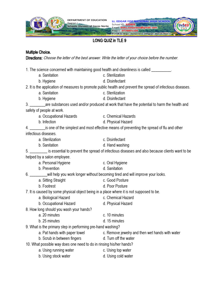 LONG QUIZ in TLE 9 | PDF | Hygiene | Hand Washing