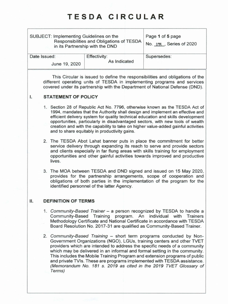 TESDA Circular No. 074-2020 | PDF | Vocational Education