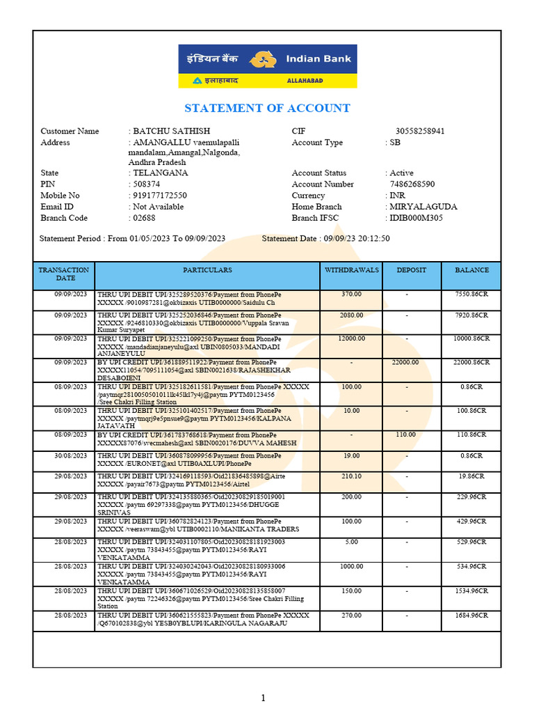 UPI Transactions Statement for Batchu Sathish | PDF | Debit Card | Payments