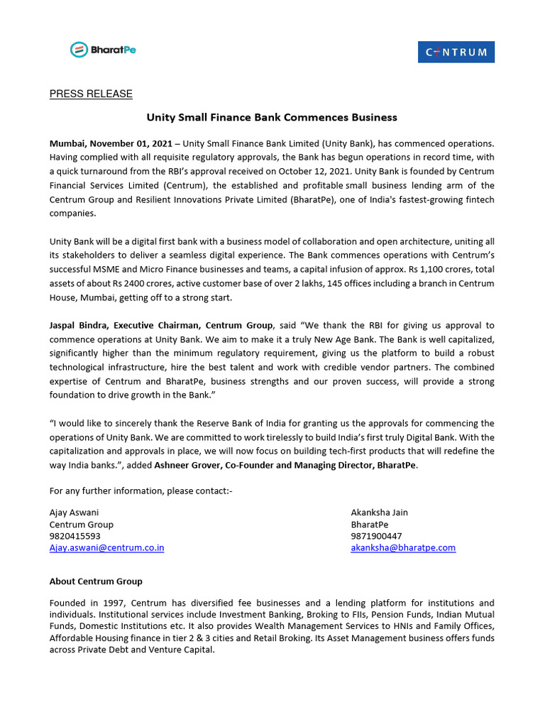 Press Release - Unity SFB - 1 Nov | PDF