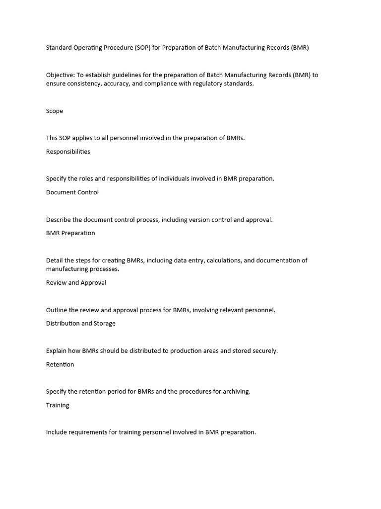 Sop For Preparation of BMR | PDF
