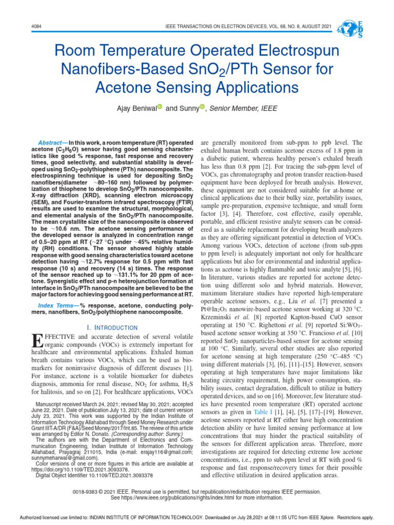 Room Temperature Operated Electrospun Nanofibers-Based Sno /PTH Sensor ...