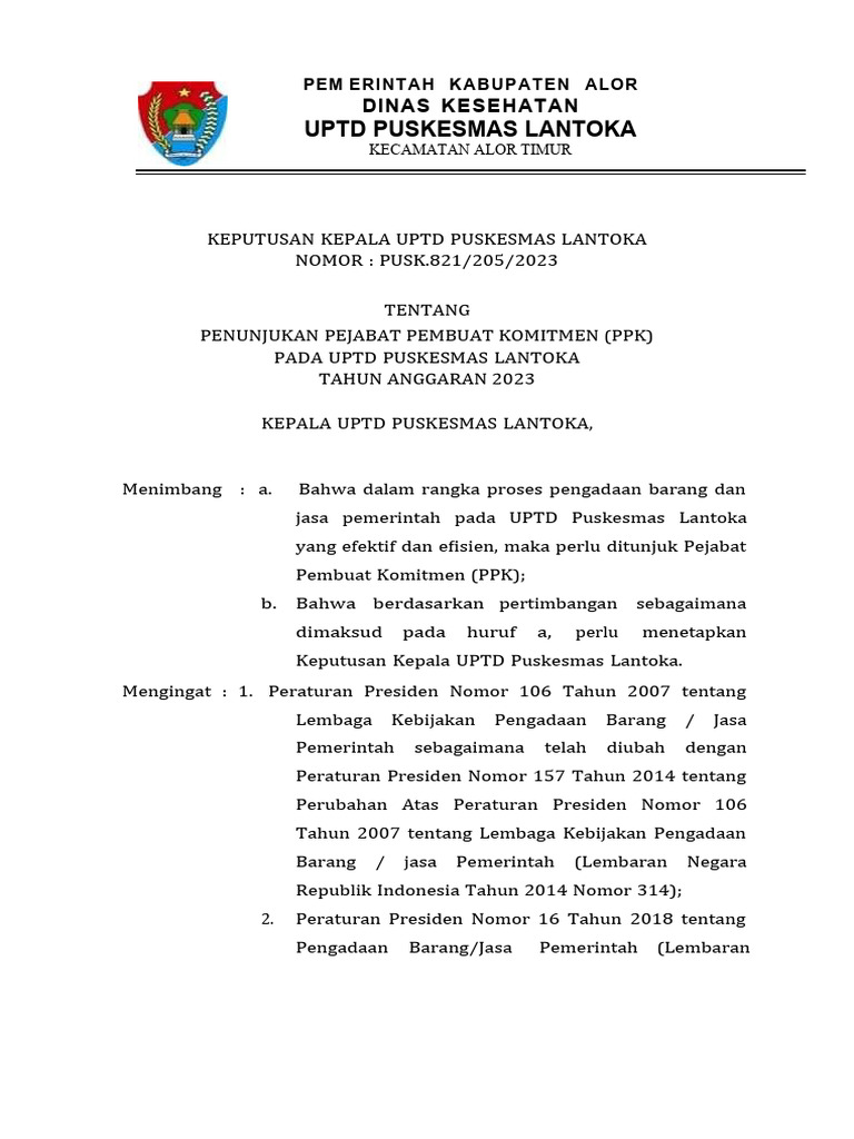 Draf SK PPK Puskesmas Lantoka 2023 | PDF