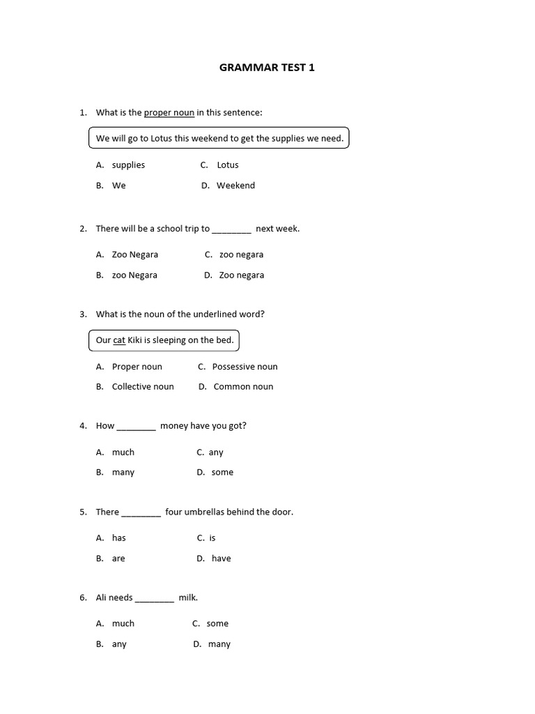 Primary English Grammar Test 1 | PDF | Syntax | Grammar