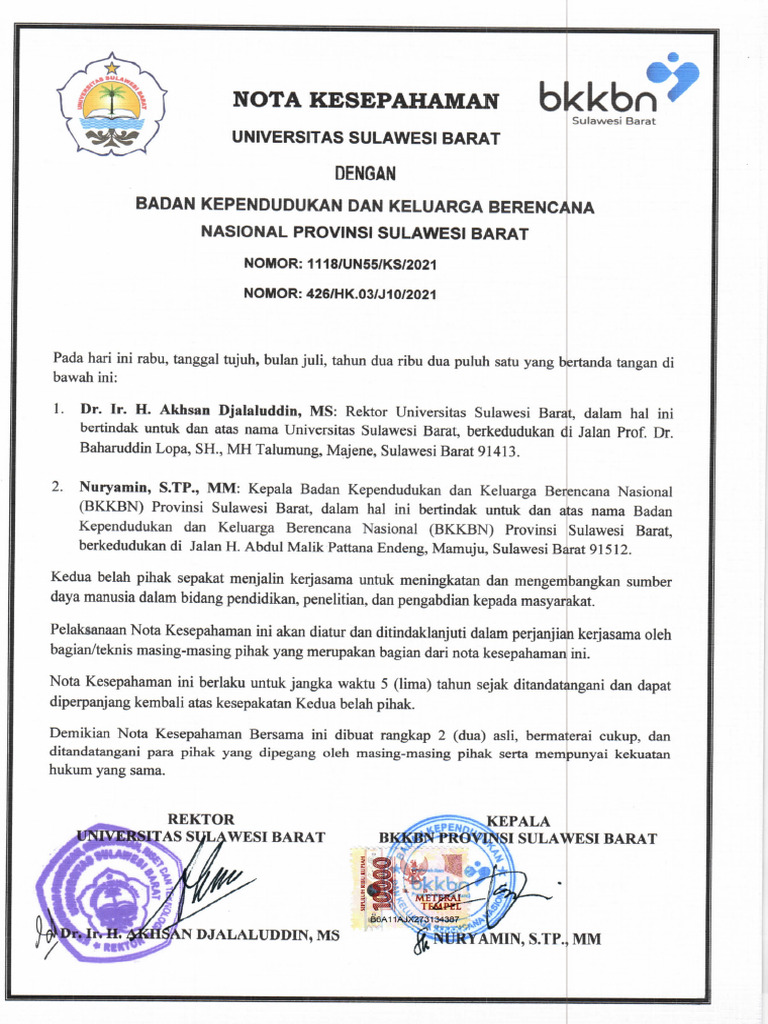 MoU Unsulbar Dan BKKBN Prov. Sulbar | PDF