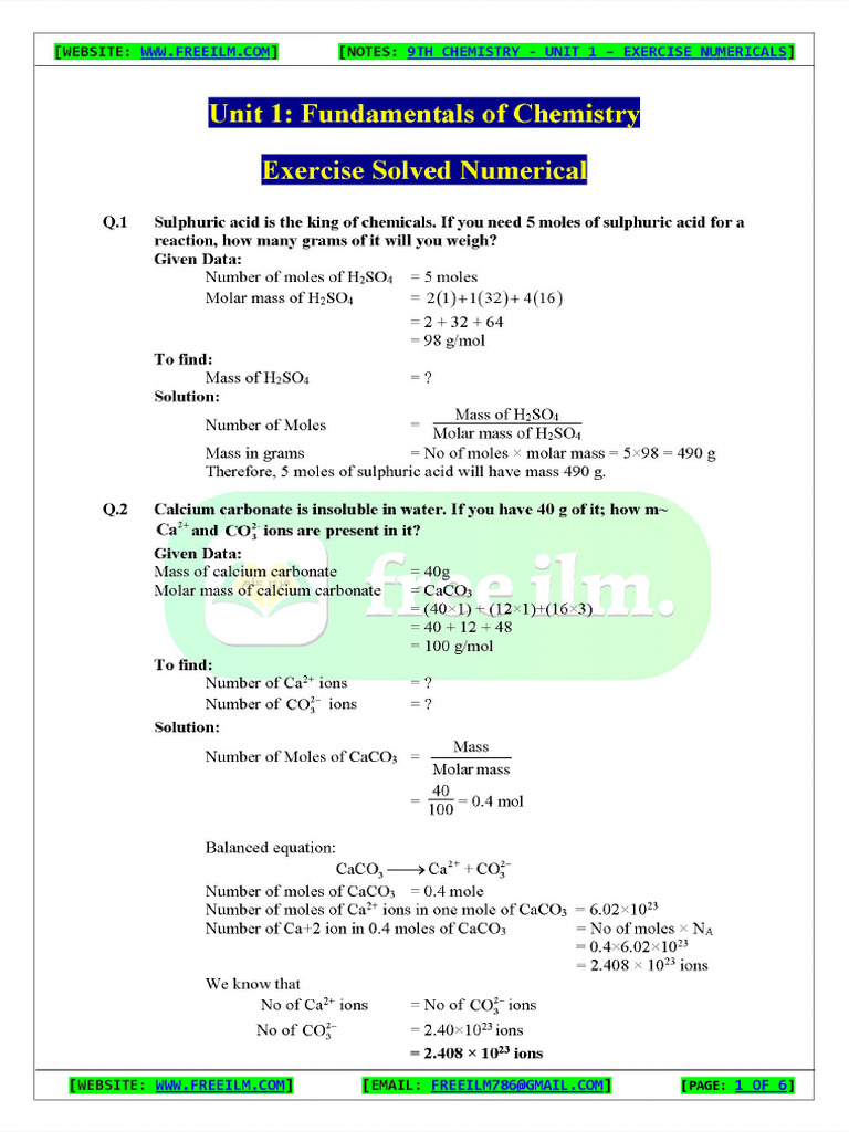 9th Chemistry Ch1 Numericals | PDF