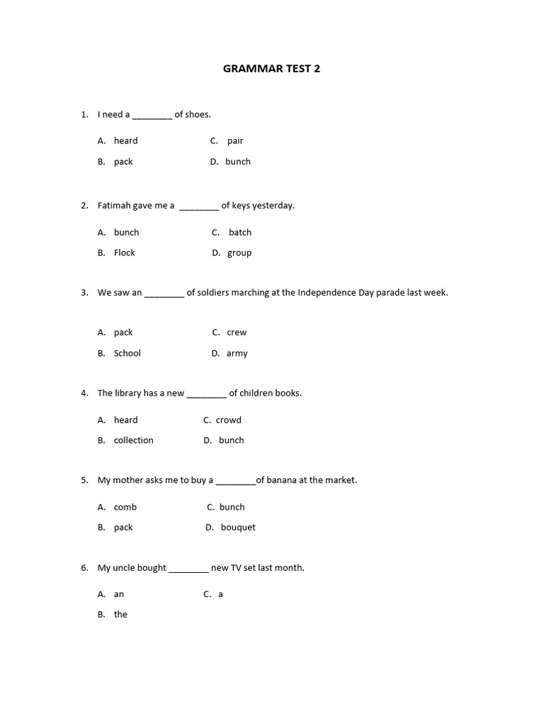 Grammar Test (Primary Level) | PDF