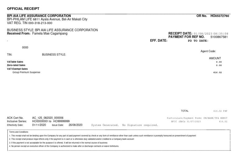 Official Receipt: - 0000 Agent Code: Tin: Business Style: Amount | PDF ...