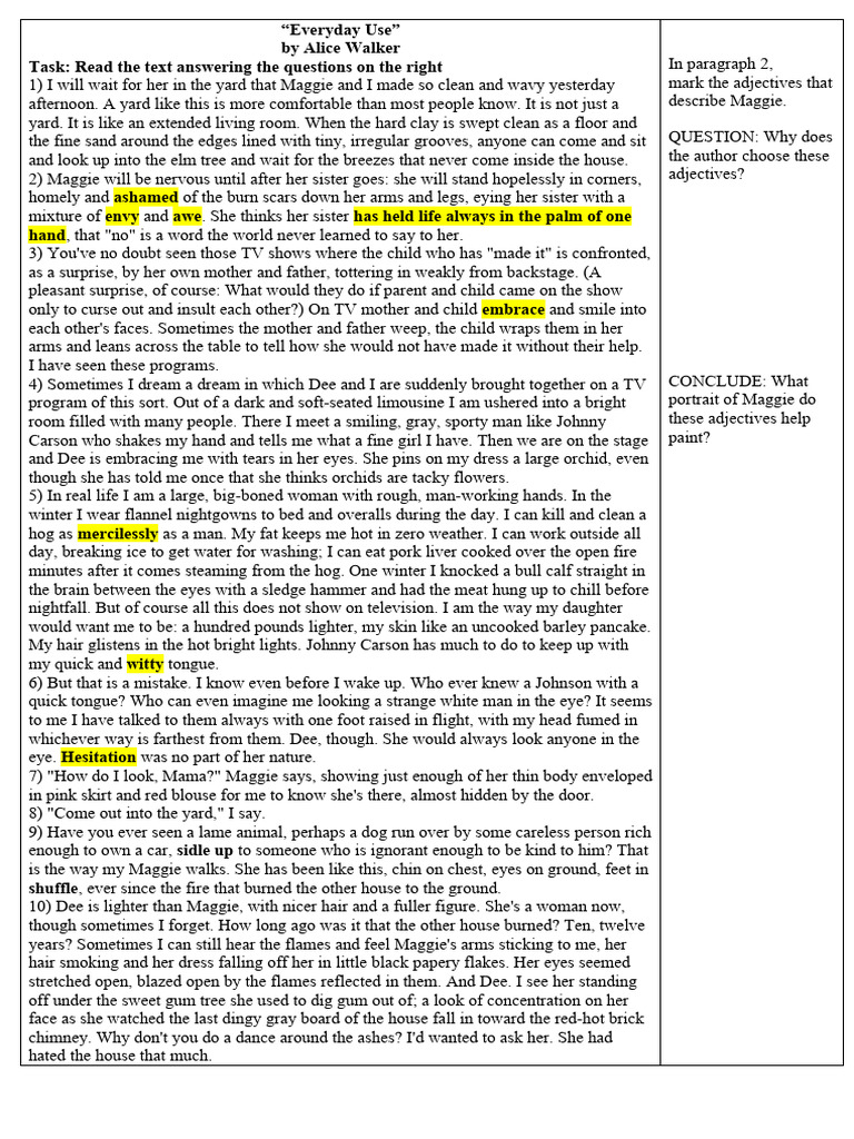 Everyday Use (Story) Closer Reading Homework | PDF