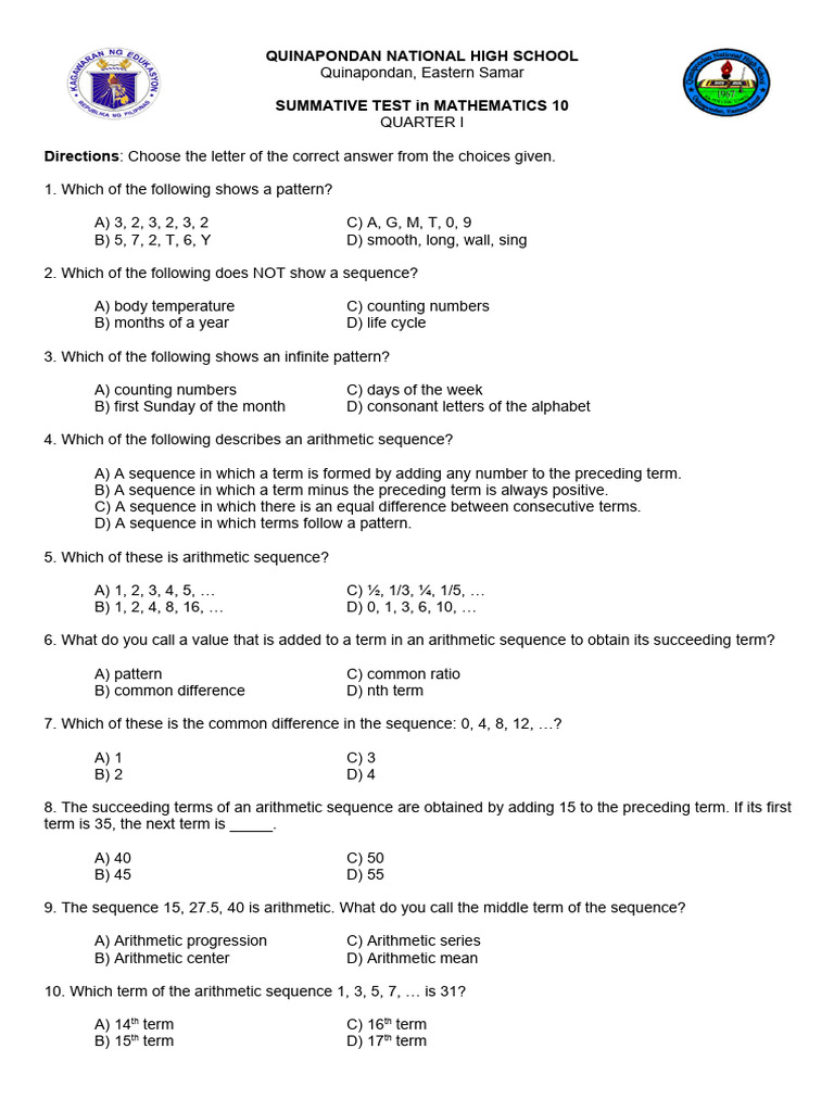 ST Tos Math10 Q1 | PDF | Factorization | Mathematics