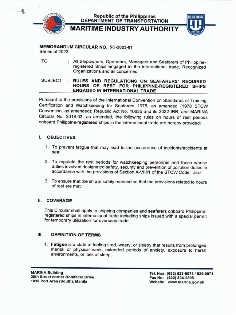 Seafarers' Rest Hours Regulations Philippines | PDF