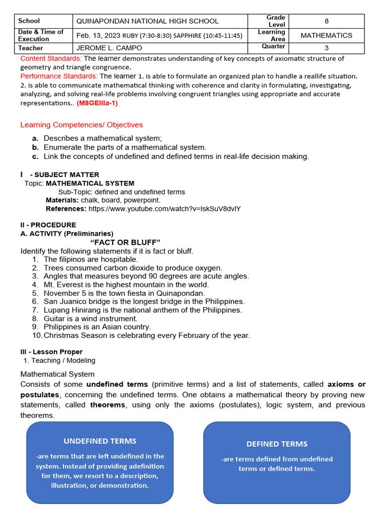 GRADE 8 - Quarter 3 MATHEMATICAL SYSTEM | PDF | Axiom | Theorem