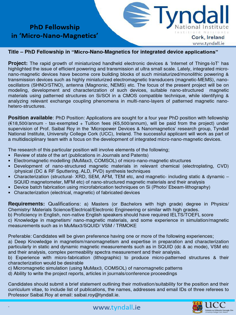 PHD Advert 1 - PHD Fellowship in 'Nanomagnetism' at Tyndall National ...