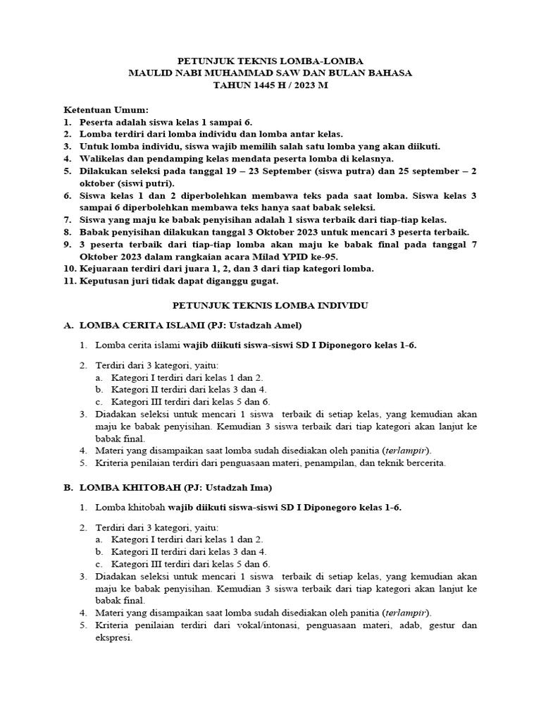 Contoh KETENTUAN DAN JUKNIS LOMBA MAULID 1445 H | PDF