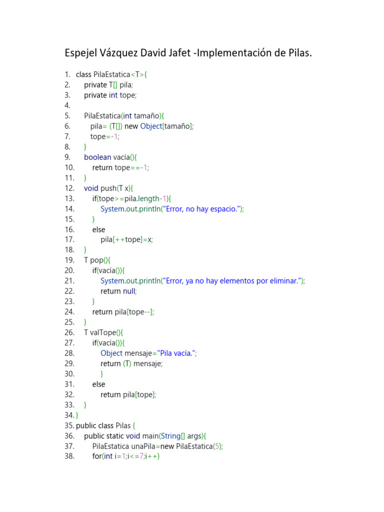 Implementación de Pilas en Java | PDF