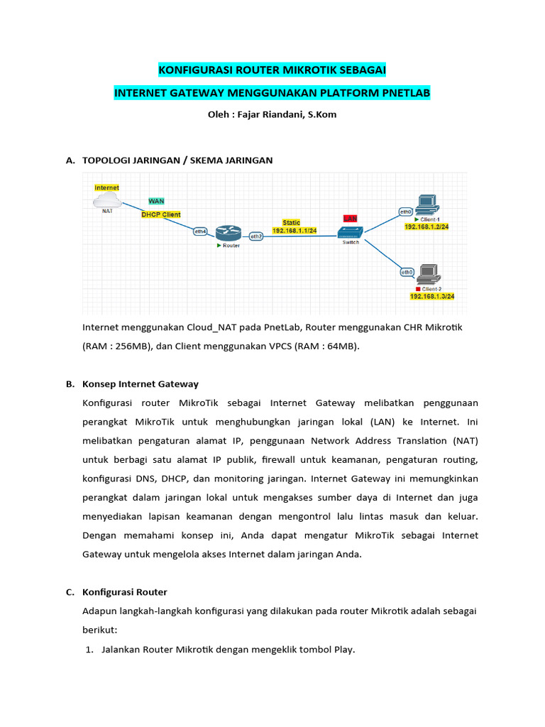 Konfigurasi Router Mikrotik Sebagai Gateway Pnetlab | PDF