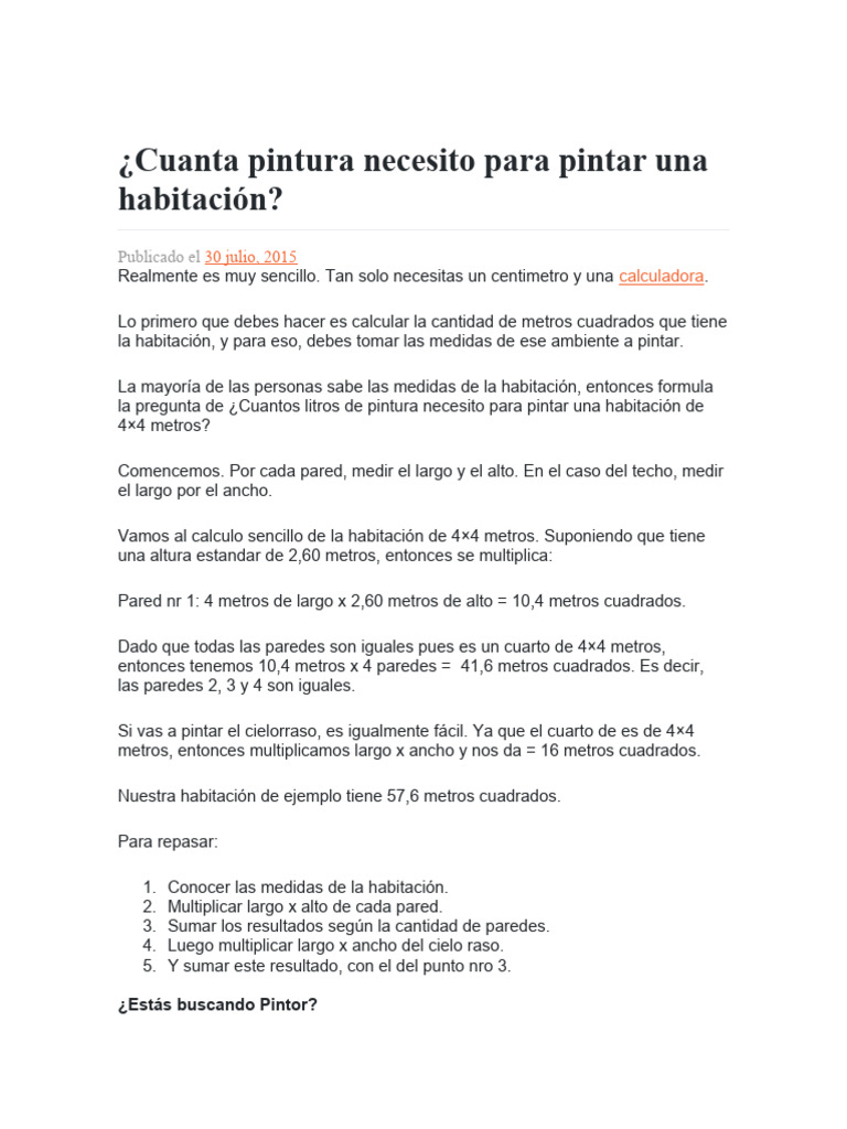 Cuanta Pintura Necesito para Pintar Una Habitación | PDF Cuanta Pintura Necesito para Pintar Una Habitación | PDF