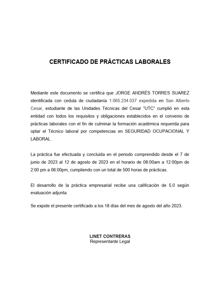 Certificacion de Prácticas Jorge Andrés Torres Suarez | PDF Certificacion de Prácticas Jorge Andrés Torres Suarez | PDF