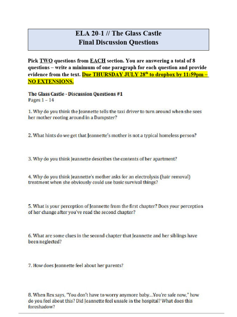 The Glass Castle Final Discussion Questions | PDF