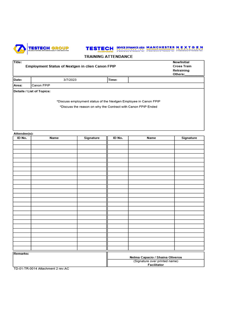 Training Attendance Form | PDF