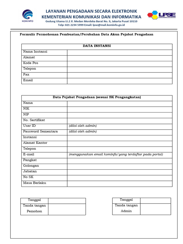 Form - Permohonan Atau Perubahan Data Pejabat Pengadaan | PDF