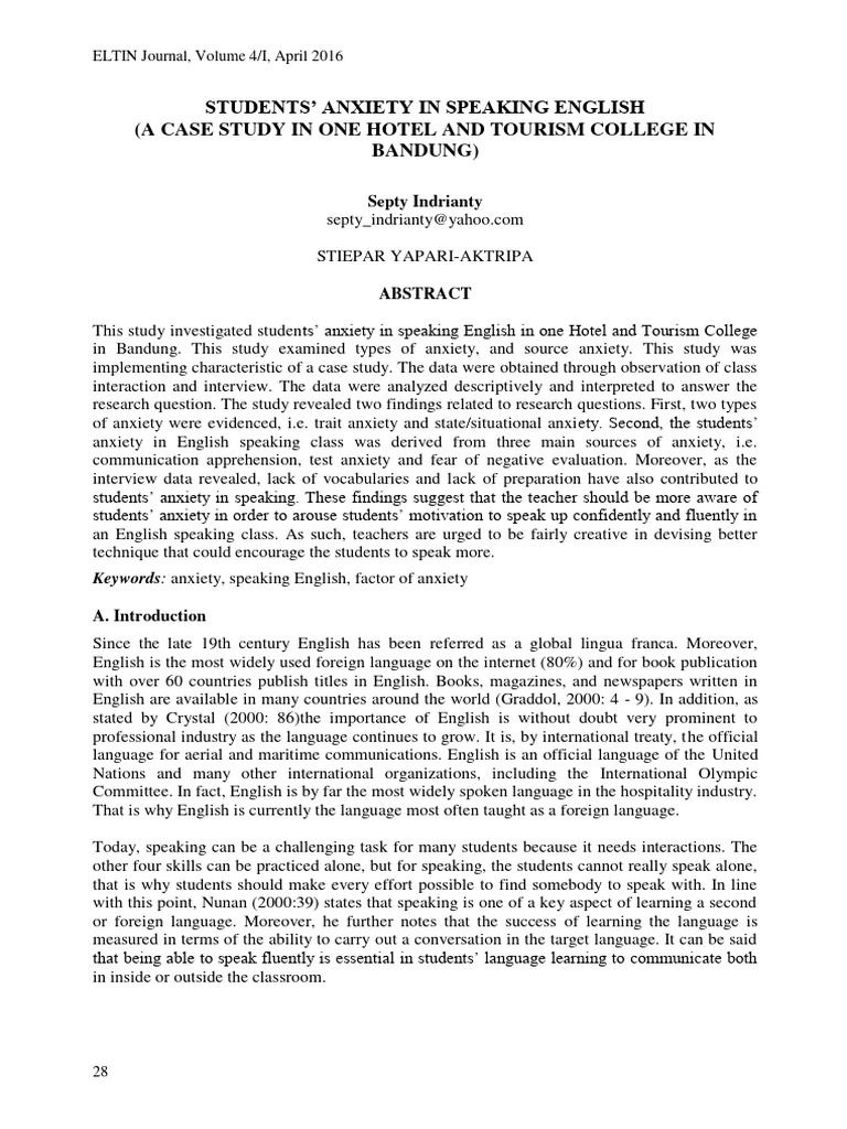 Students' Anxiety in Speaking English (A Case Study in One Hotel and ...