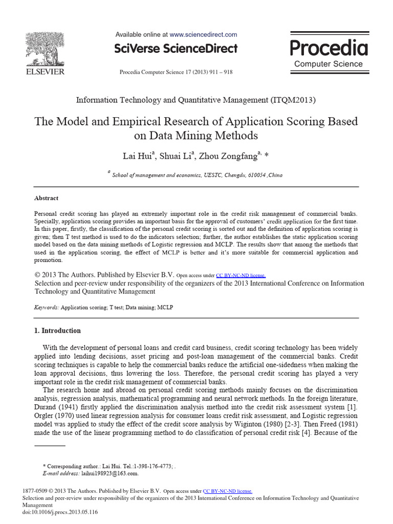 The Model and Empirical Research of Application Scoring Based On Data Mining Methods | PDF ...