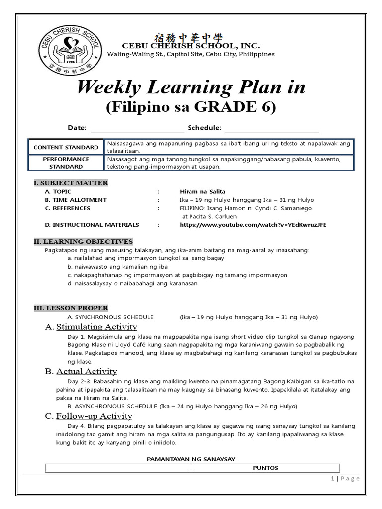 Weekly-Learning-Plan - Grade 6 | PDF