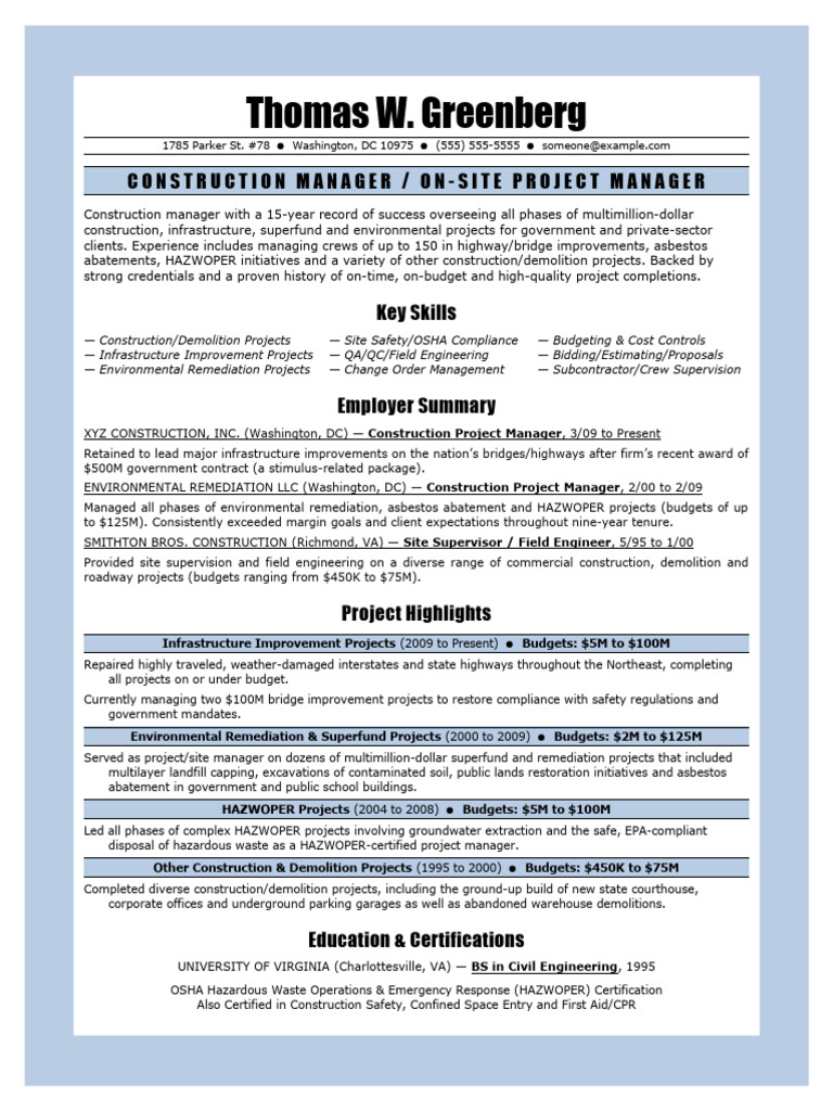 Construction Manager Resume Template | PDF | Natural Environment ...