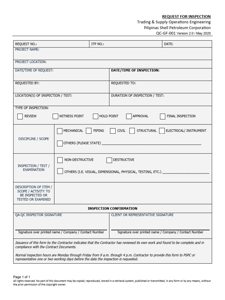 QC-GF-001 - Request For Inspection | PDF