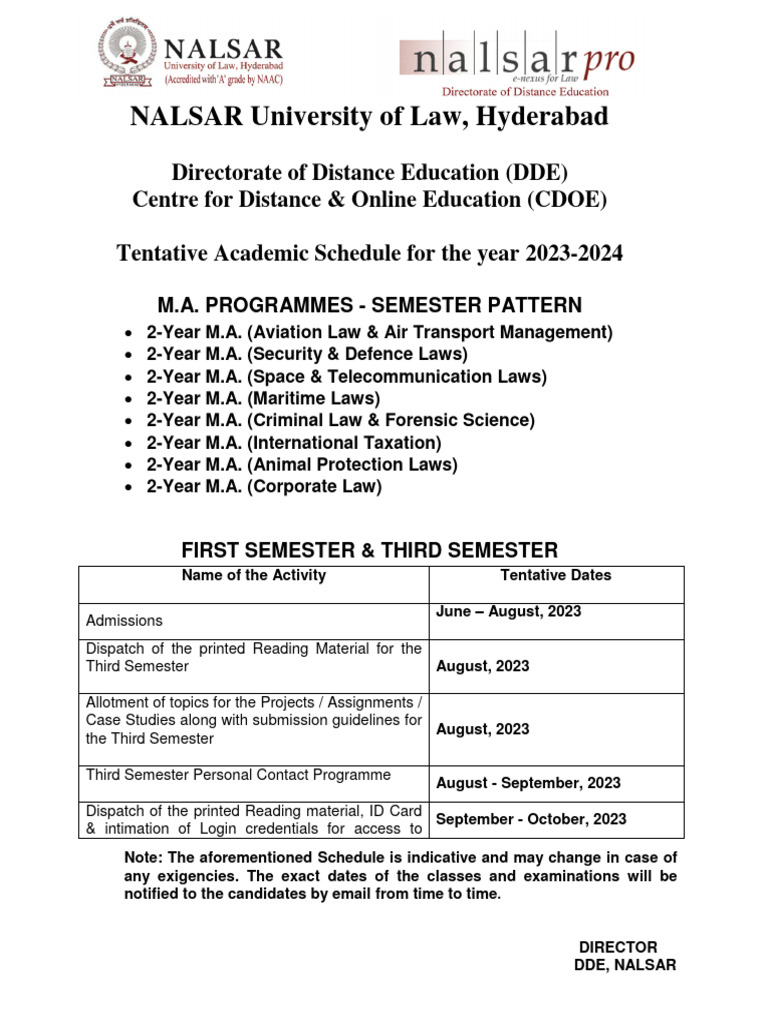 NALSAR 2023-2024 Academic Calendar | PDF | Thesis