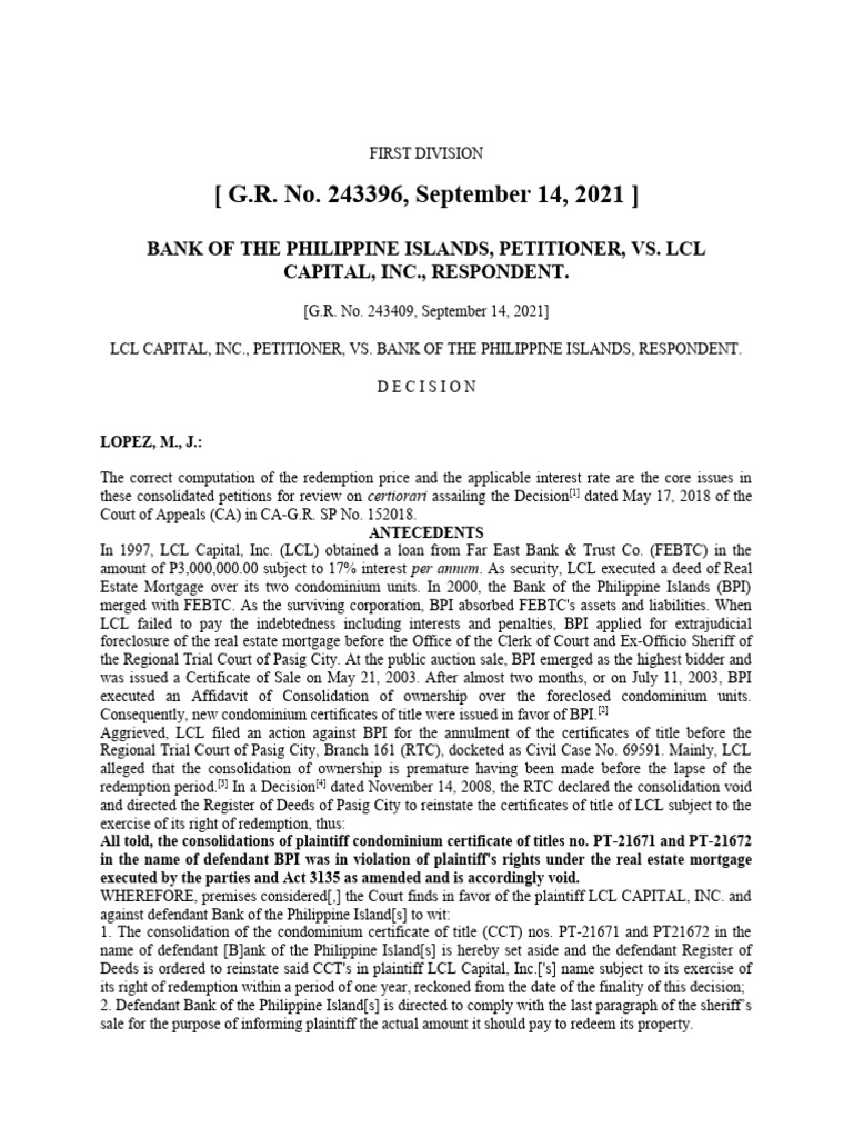 (G.R. No. 243396, September 14, 2021) : Bank of The Philippine Islands ...