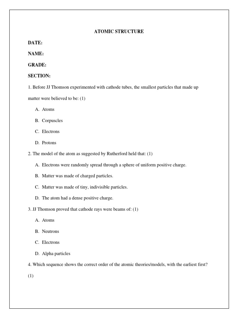 Atomic Structure Assessment | PDF | Atoms | Atomic Nucleus