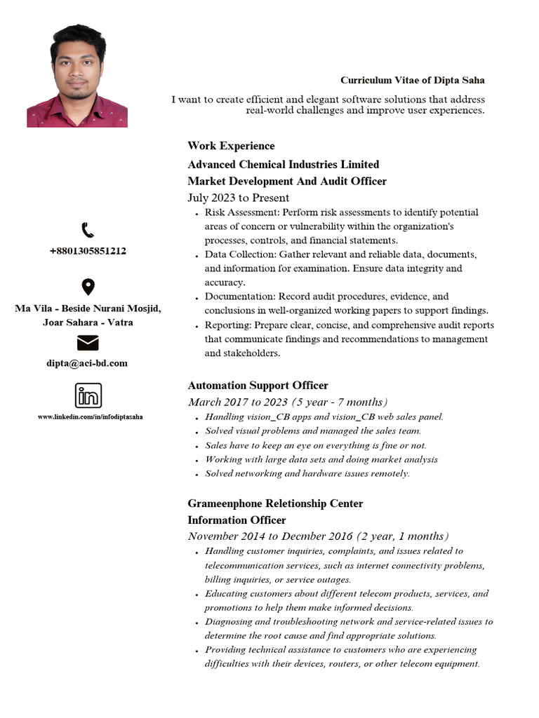 Curriculum Vite of Dipta Saha | PDF | Audit | World Wide Web