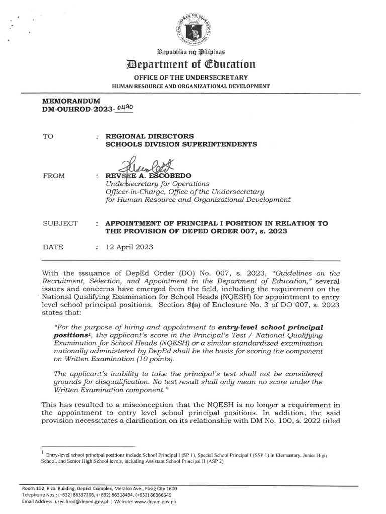 DM OUHROD 2023 0490 Appointment of Principal I Position in Relation To ...