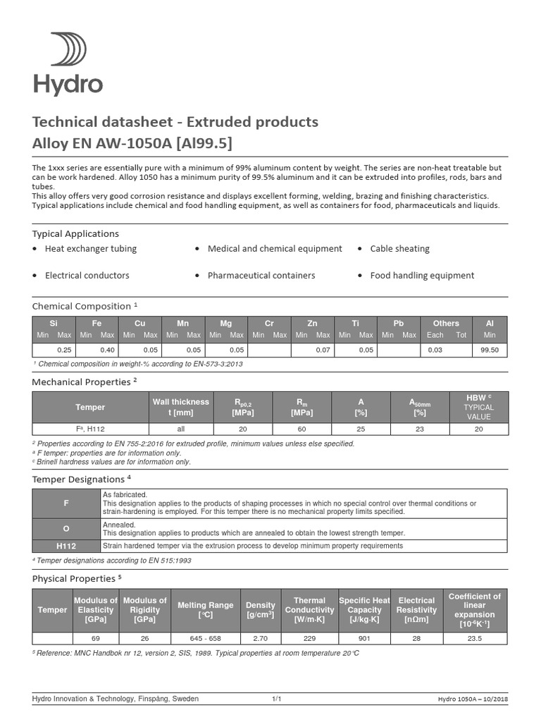 EN AW-1050A Alloy Technical Datasheet | PDF | Extrusion | Alloy