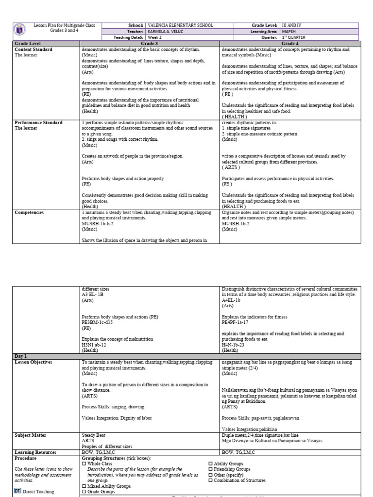 MAPEH Lesson Plan for Grades 3-4 | PDF | Educational Assessment ...