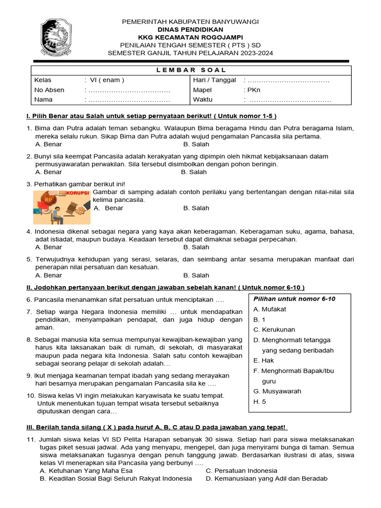 Soal PTS PKN Kelas 6 SMTR Ganjil 202324 | PDF