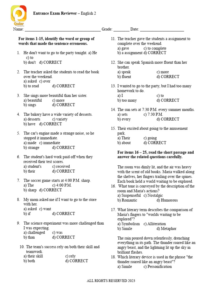 English Mock Exam 2 | PDF