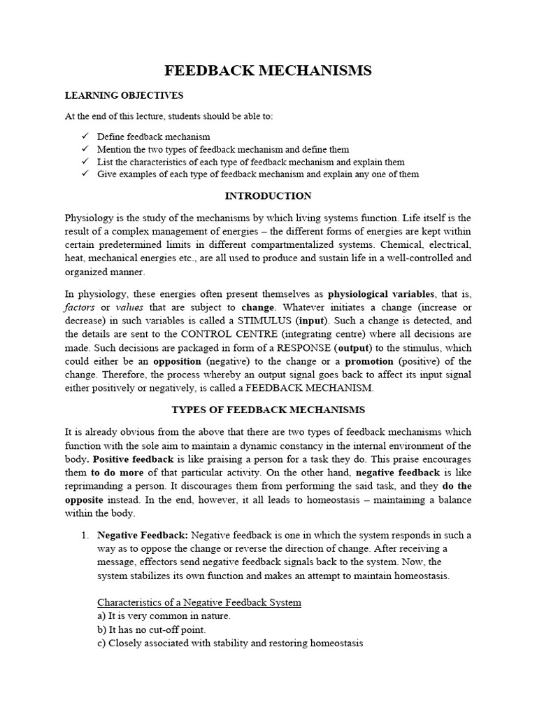 Feedback Mechanisms | PDF | Homeostasis | Heart