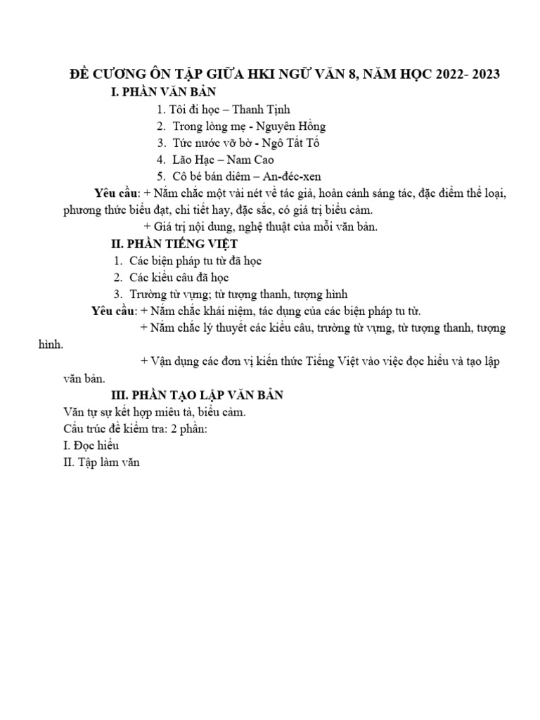 E Cuong On Tap Giua Hki Ngu Van 8 22 23 | PDF