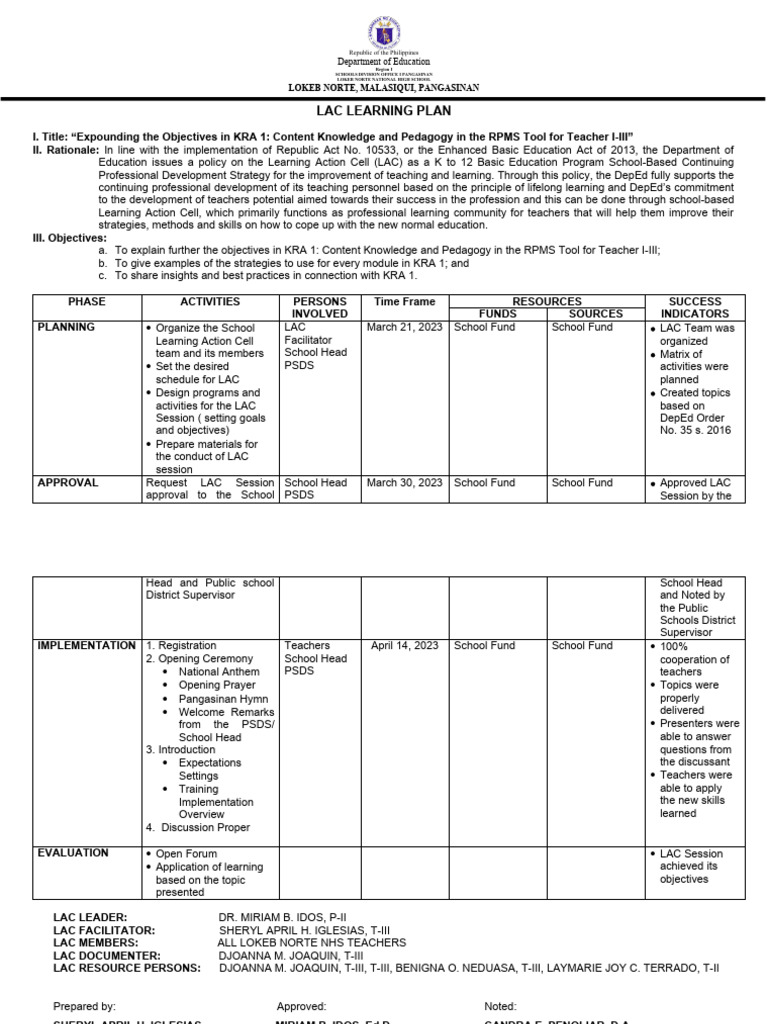 Lac Learning Plan | PDF | Learning | Teachers