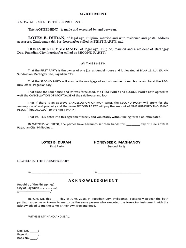 Agreement (Assumption of Mortgage) | PDF