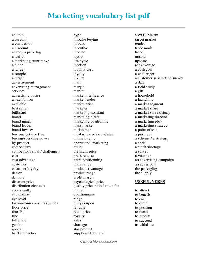 Marketing Vocabulary List | PDF | Marketing | Brand